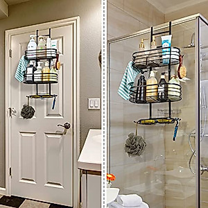 Fogein Over the Door Shower Caddy, 3 Tier Hanging Organizer Shelf Rustproof, Shower Basket with Suction Cup, Bathroom Shower Caddy Over The Door with Hook & Soap Box, No Drilling(Black)