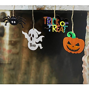 Hidreas 60Pcs Halloween Crafts Unfinished Wooden Ornaments Halloween Craft Kit DIY Wood Cutouts with 60 Pcs Twine Ropes Halloween Crafts for Kids