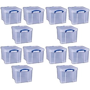 Really Useful Box 32 Liters Storage Bin Container with Snap Lid and Clip Lock Handles for Lidded Home and Office Storage Organization, 12 Pack