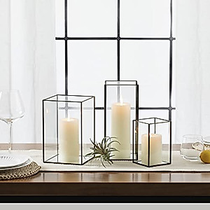 Set of 3 Square Glass Hurricane Candle Holders, Clear Glass Framed in Vintage Brass, Pefect for Spa, Hotel, Festival, Home Decoration,(Bronze Fram Finsh)