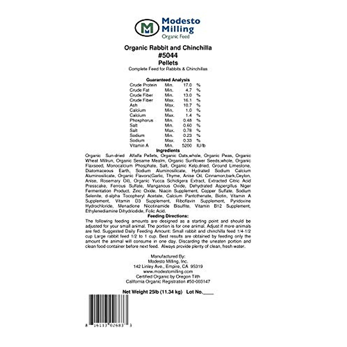 Modesto Milling Organic, Non GMO Rabbit & Chinchilla Pellets, 25 lbs; Item# 5044