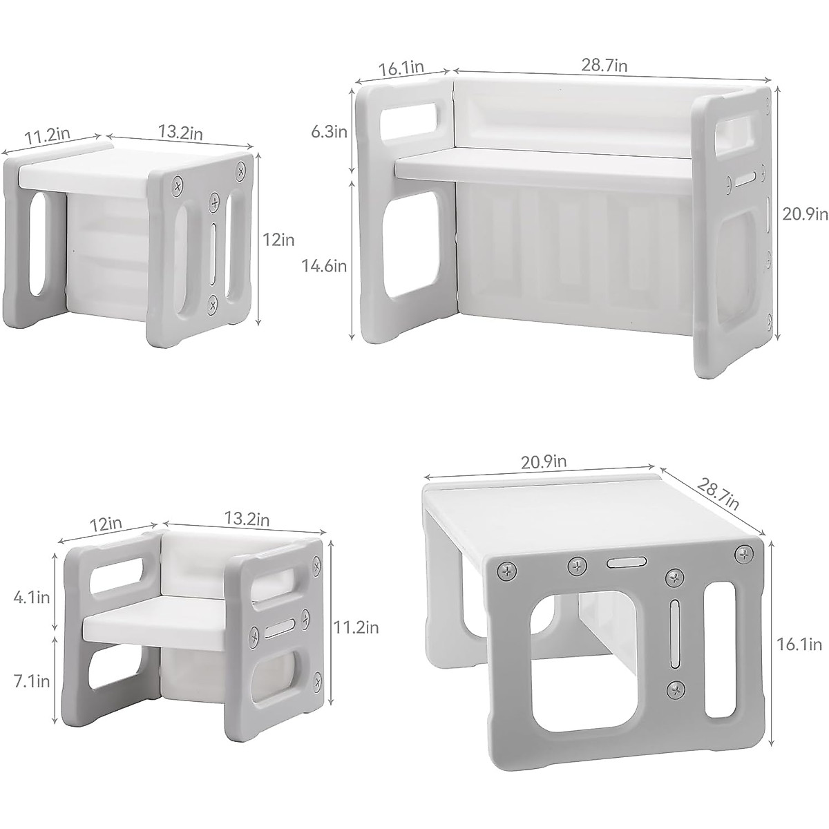DOREROOM 4 in 1 Kids Table and 2 Chairs Set with Storage, Toddler Table and Chair Set for Kids Ages 3-10, Graffiti & Building Blocks Double-Sided Tabletop (Gray, 2 Chairs)