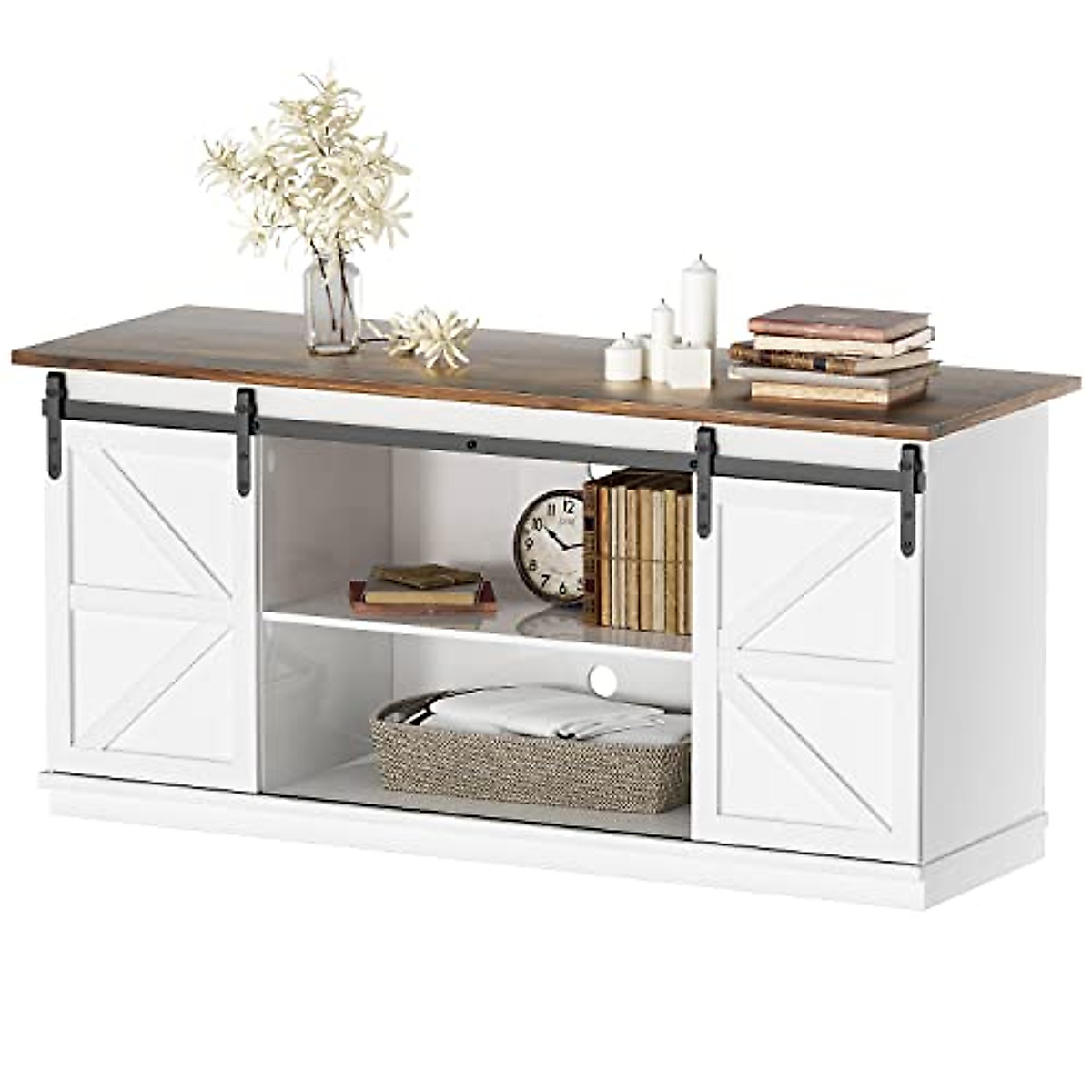 YESHOMY Farmhouse TV Stand for Televisions up to 65+ Inch with Sliding Barn Doors and Storage Cabinets, Entertainment Center Console Table, Media Furniture for Living Room, 58 Inch, White