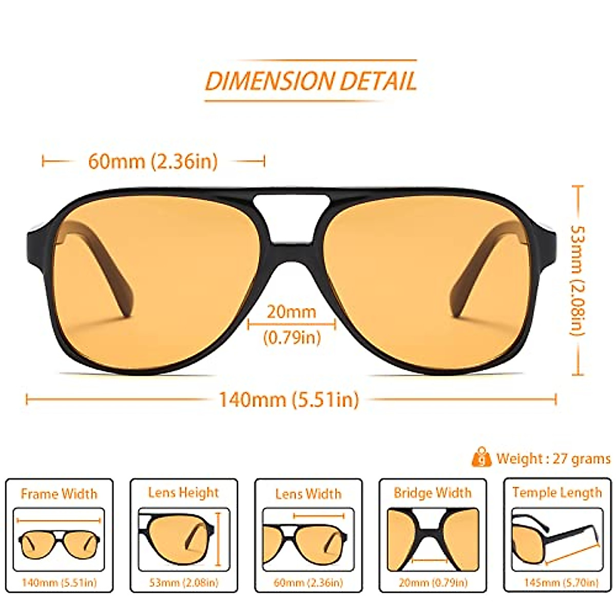 Freckles Mark Vintage Retro 70s Sunglasses for Women Men Classic Large Square Aviator Trendy Glasses (Tinted Yellow, Millimeters, 60)