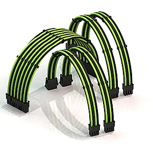 LINKUP - AVA 30cm PSU Cable Extension Sleeved Custom Mod GPU PC Braided w/Comb Kit | 1 x 24 P (20+4) | 2 x 8 P (4+4) CPU | 2 x 8 P (6+2) GPU Set | 300mm - GreenBlack