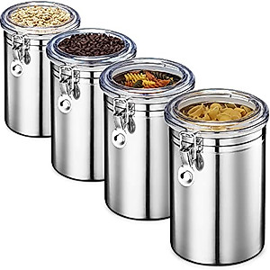 HOMEARRAY Stainless Steel Canister Set - Airtight Food Storage Canisters for Kitchen Counters, Tea, Sugar, Flour, Coffee Sealable Jars with Locking Clamp - Set of 4
