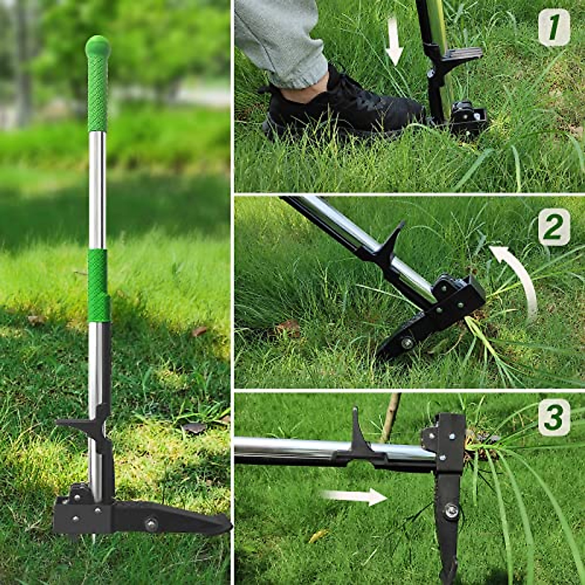 SOYUS Weeder Puller Standing Weed Puller Tool Stand Up Heavy Duty Garden Tool with 39" Long Handle, 4 Claws Stainless Steel, High Strength Foot Pedal, Comfort Soft Grip Without Bending