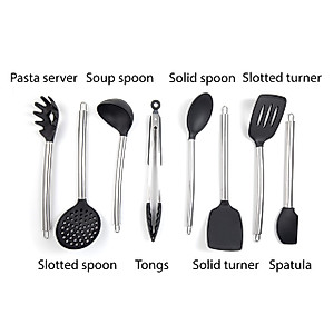 Kitchen Cooking Utensils Set Silicone with Stainless Steel handle Includes Cooking Spoon Spatula Tong Turner Whisk Ladle For Nonstick Cookware Dishwasher Safe BPA-Free