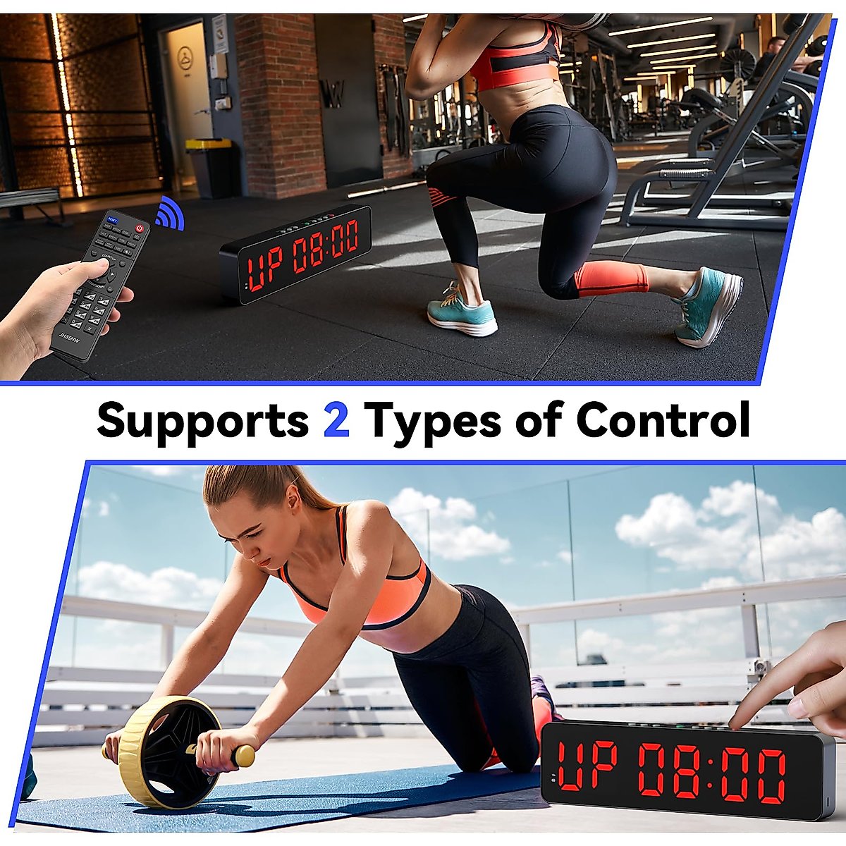 Seesii Gym Timer with Remote, 11''x 3.5''Ultra-Clear Interval Timer with LED, Countdown/Up Wall Clock with Buzzer, Connectable Bank Power Fitness Timer Stopwatch for Gym Home Garage (2.2 Battery)