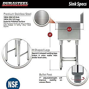 DuraSteel Small Commercial Slop Sink - 18" x 18" Inner Prep Sink - Single Bowl Stainless Steel Utility Sink with No Lead Faucet - CEC & NSF Certified - For Restaurant, Kitchen, Laundry, Garage