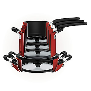 Tramontina Aluminum Non Stick 11-Piece Nesting Pots and Pans Set with Lids - Red, Kitchen Nonstick Cookware Set, Dishwasher and Oven Safe