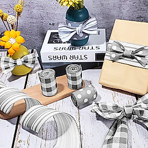 Grey Wired Edge Ribbon Plaid Ribbon 3 Rolls 2.5 Inch Farmhouse Ribbon Buffalo Check Gray Ribbon Polka Dot Striped Ribbon Buffalo Plaid Ribbon Wire Ribbon for DIY Crafts Gifts Wreath Bow, 15 Yards