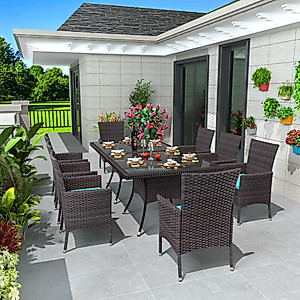 Trumbeak 10 Piece Outdoor Dining Set,Rattan Patio Conversation Set of 8 Chairs,Patio Dining Table and Chairs w/Cushions,Square Glass Tabletop,Umbrella Cutout for Patio,Blue