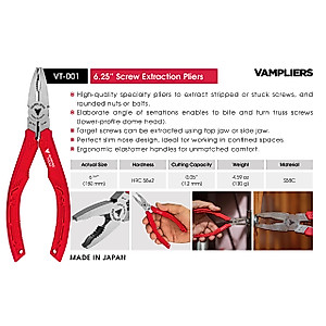 VAMPLIERS 4-Piece Stripped Screw Extractor Pliers Set. Made in Japan: 8" Linesman, 7.5" Long Nose, 6.25" Multipurpose & 5" ESD Safe Pliers. Remove any Stripped/Damaged/Rusted Screws.