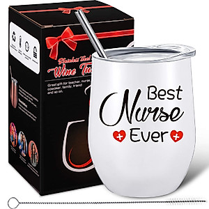 Nurse Gifts for Women, Best Nurse Ever, Thanksgiving Christmas Birthday, 12 oz Stainless Steel Nurse Travel Wine Tumbler with Lid, Straw and Gift Box