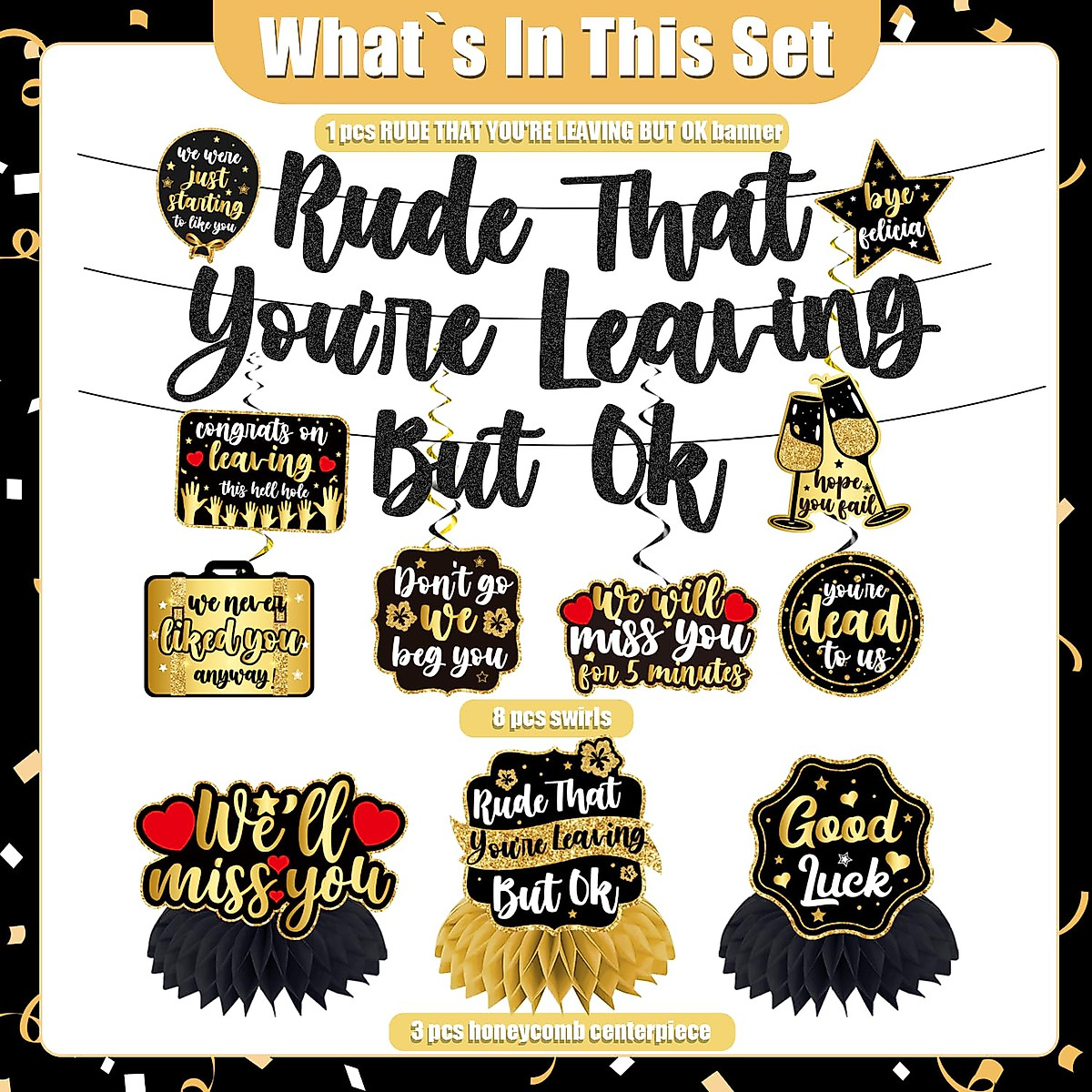 Rude That You're Leaving But Ok Banner Hanging Swirls Centerpieces, Going Away Party Decorations For Coworker Farewell Decorations Party, Gold Glitter Coworker Leaving Decorations, Retirement Party