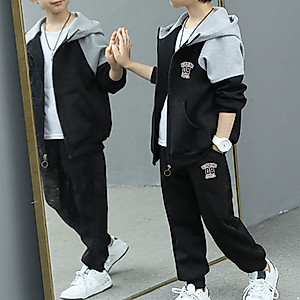 Hansber Kids Boys 2 Piece Tracksuit Sweatsuit Sports Suit Long Sleeve Pullover Jacket with Jogger Pants Set Black 7-8