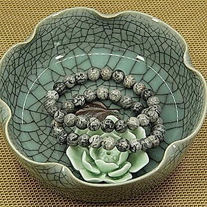 Natural Gray Picture Jasper Gemstone 8mm Ball Beads Stretch Bracelet 7" Unisex