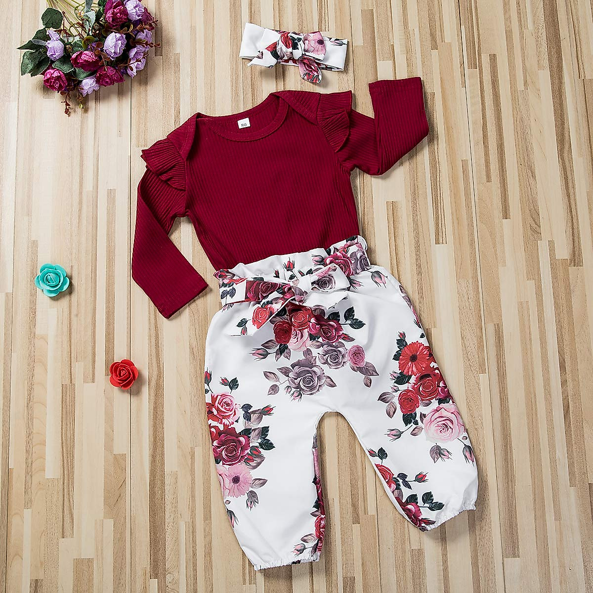 Kuriozud Newborn Infant Baby Girl Fall Winter Clothes Ruffle Ribbed Romper Tops Floral Pants Headband Outfit 2 Piece Set (red, 3-6 Months)