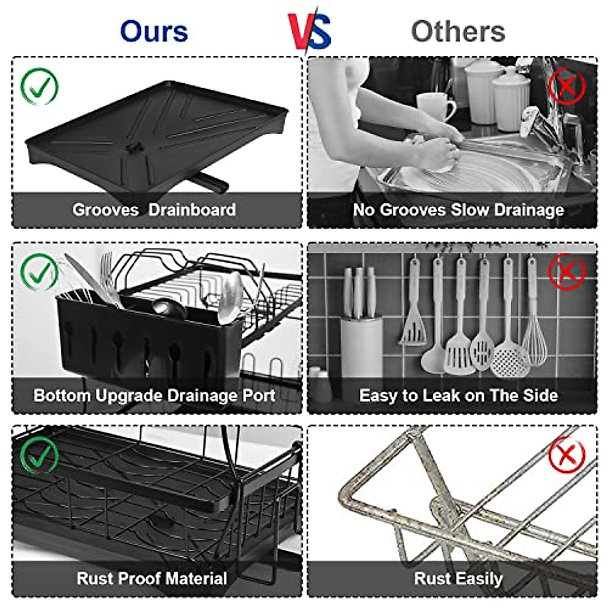gretuld Dish Drying Rack,2 Tier Detachable Dish Drying Rack with Drainboard Set for Kitchen Counter,Black Metal Dish Rack with Wine Glass Holder and Utensils Holder