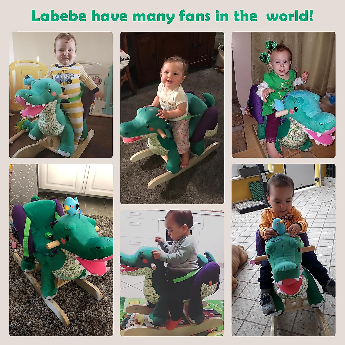 labebe Child Rocking Horse Toy, Stuffed Animal Rocker, Green Crocodile Plush Rocker Toy for Kid 6 Month -3 Years, Wooden Rocking Horse Chair/Rocker/Animal Ride on