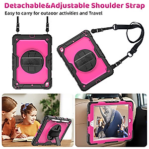 BLOSOMEET Case for iPad 9th Generation 2021 10.2 Inch with Tempered Glass Screen Protector & Pencil Holder,Protective Kids iPad 7th/8th Gen Cover 2020 2019 w/Stand Hand Shoulder Strap,Rosered