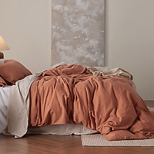 Bedsure Linen Duvet Cover King - Linen Cotton Blend Bedding Set, Soft & Cozy, 3 Pieces, 1 Duvet Cover 104x90 Inches and 2 Pillowcases, Burnt Orange Color Cooling Bedding, Comforter Sold Separately
