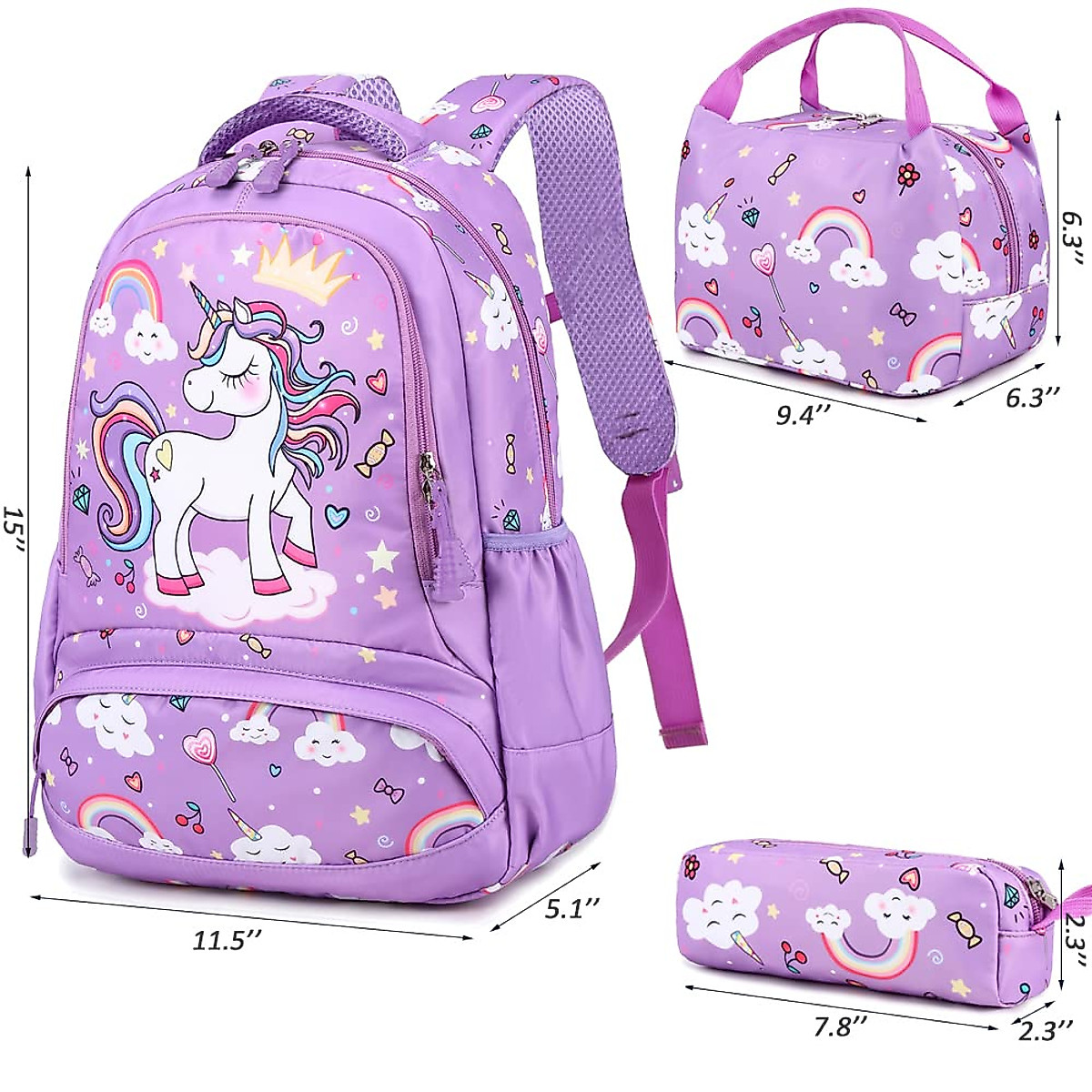 Meisohua School Backpack for Girls Elementary Unicorn Backpack Set 3 in 1 Kids Bookbags Schoolbag Sets with Lunch Bag Pencil Case