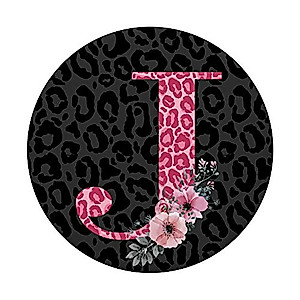 Letter J Initial Flower Pink and Black Leopard Print PopSockets Swappable PopGrip