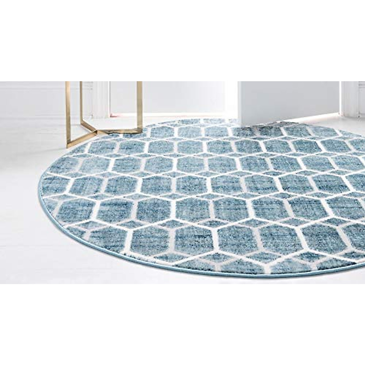 Rugs.com Lattice Trellis Collection Rug – 8 Ft Round Blue Low-Pile Rug Perfect for Kitchens, Dining Rooms