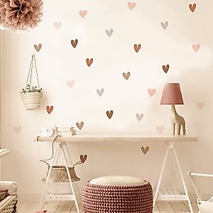 funlife 72 PCS Boho Wall Decals Peel and Stick, Muted Boho Hearts Wall Stickers, Pastel Hearts Wall Art Stickers for Kids Room Bedroom Playroom Nursery Room, 2.79" x 2.36"