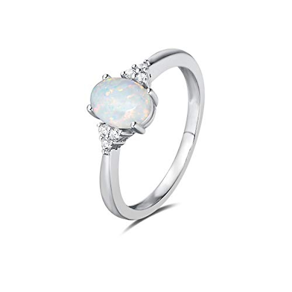 FANCIME Created Opal Rings Sterling Silver 4-prong Halo White Opal Ring Cubic Zirconia Engagement Wedding Ring Fine Jewelry for Women Size 7