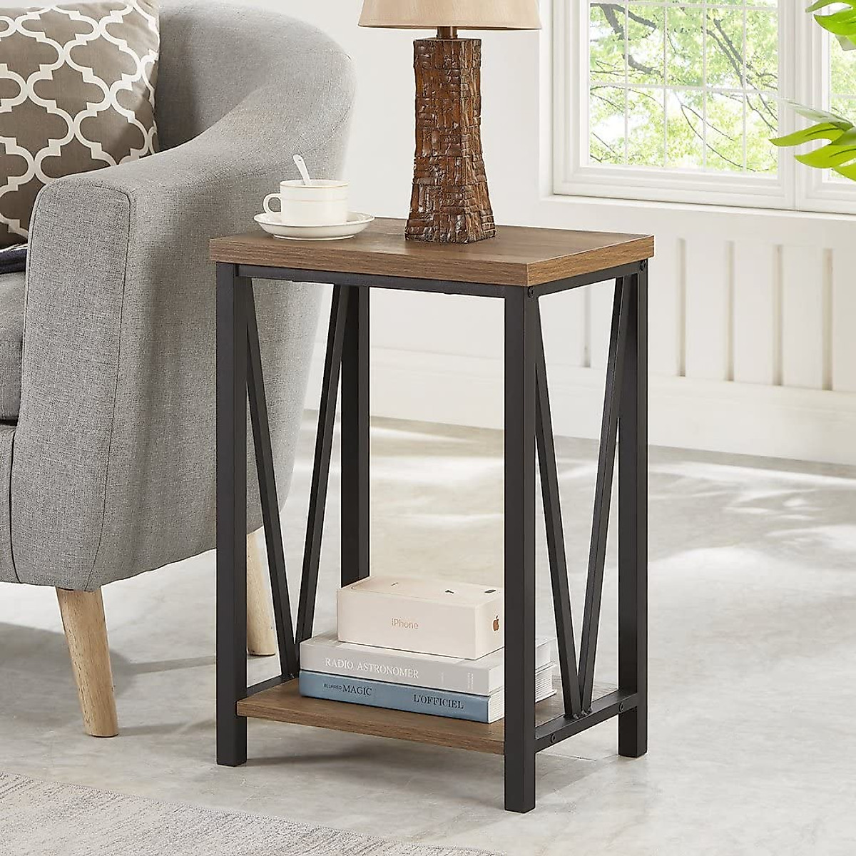 FOLUBAN Side Table with Storage Shelf, Rustic End Table for Living Room, Wood and Metal Nightstand for Bedroom, Oak