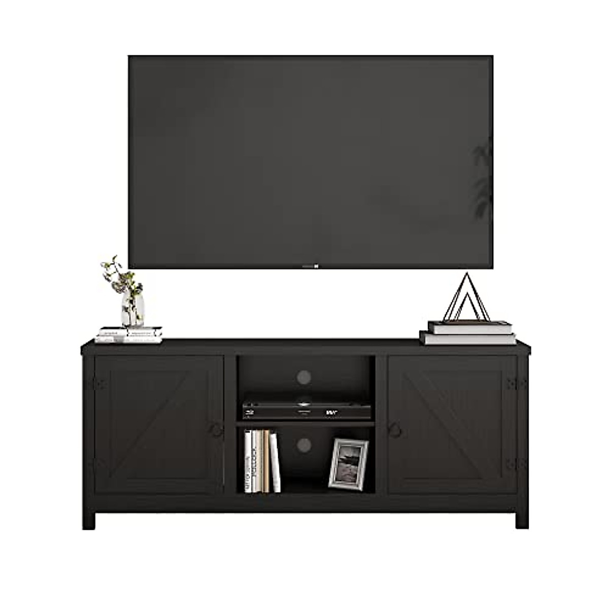 Panana Modern Farmhouse TV Stand for 65 inch TV, Entertainment Center with Storage and Open Shelves, Wood TV Stands TV Table Stand for Living Room, Bedroom (Black, for 32"-65" TV)