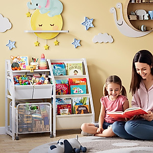 Kids Bookshelf and Toy Storage Organizer - 3 Tier Book Shelf for Kids Rooms with Movable Drawer, Kids Bookcase with 2 Toy Bins, Toddler Baby Childrens Bookshelf, for Bedroom Playroom Classroom (White)