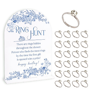Blue Flower Bridal Shower Party Ring Scavenger Hunt, The Ring Hunt Game, 1 Sign & 30 Rings, Bridal Shower Decoration, Wedding Party Games(xzjz03)
