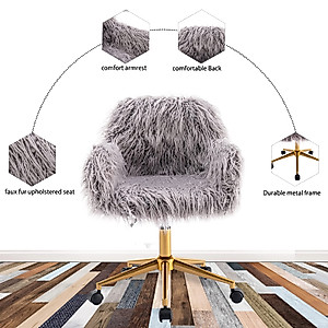 Grey Faux Fur Desk Chair, Cute Upholstered Padded Seat, Vanity Accent Modern Height Adjustable Swivel Office Chair for Living Room Makeup Home Office Bedroom (Grey)