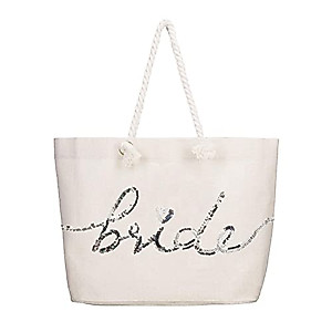 ELEGANTPARK Bridal Shower Gifts for Bride Tote Large Bride Bag for Women Bride Gifts for Engagement Wedding Party Honeymoon Beach Bag Jute Silver Sequin Interior Pocket