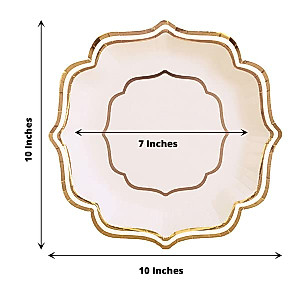 Tableclothsfactory 25 Pack | White/Gold 10" Scallop Rim Dinner Party Paper Plates, Disposable Plates - 300 GSM