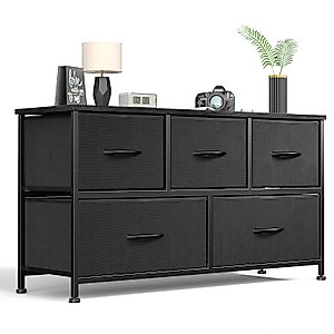 Sweetcrispy Dresser for Bedroom 5 Fabric Drawers Dresser Clothes Cabinet Storage Organizers and Wood Top Surface Table for TV, Chest of Drawers for Bedroom, Living Room, Hallway, Porch Organization