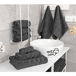 American Soft Linen Luxury 6 Piece Towel Set, 2 Bath Towels 2 Hand Towels 2 Washcloths, 100% Cotton Turkish Towels for Bathroom, Dark Gray Towel Sets