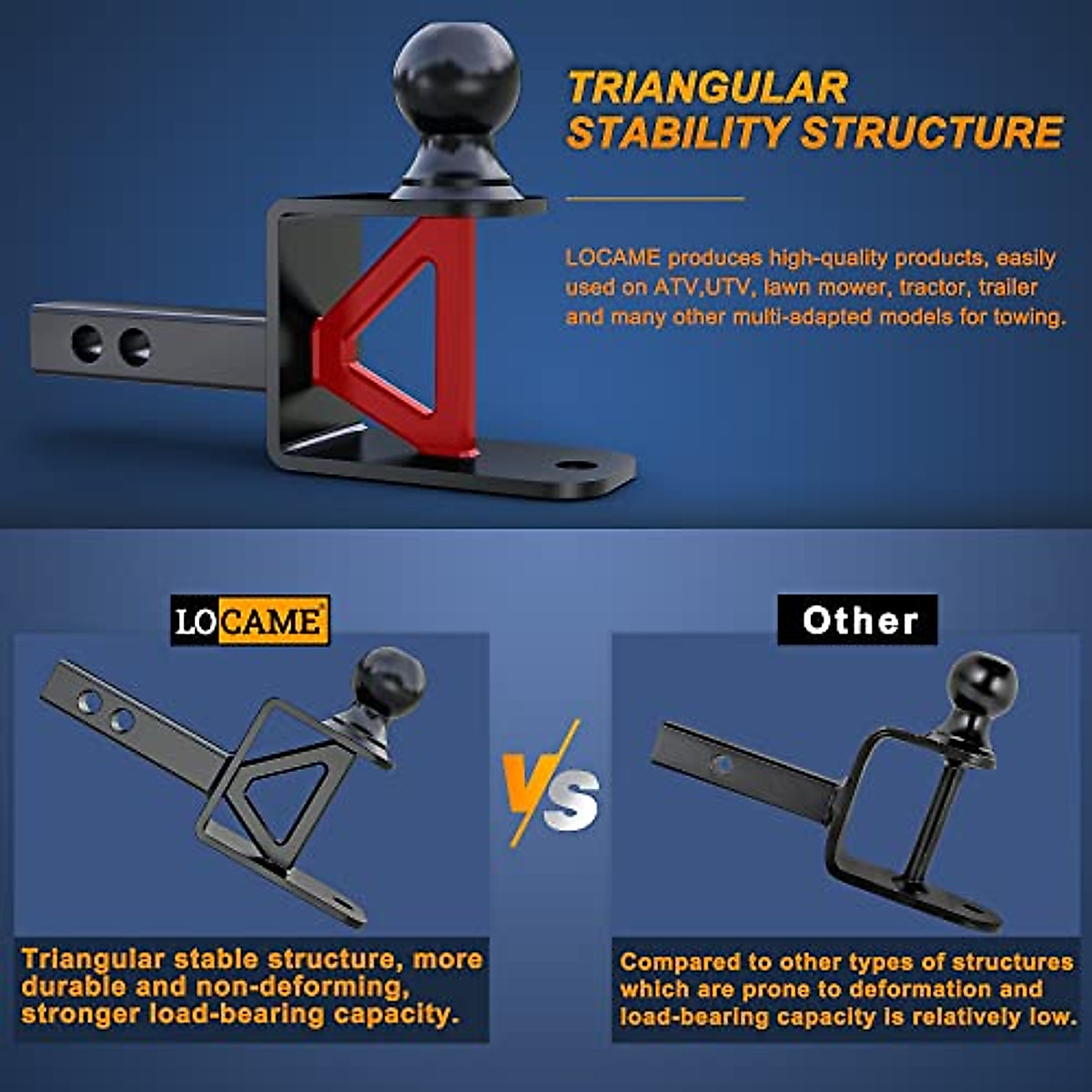 LOCAME 3-in-1 ATV/UTV Tralier Hitch Mount, Fits1 1/4-Inch Receiver, Solid Shank ATV/UTV Tow Hitch, 2-Inch Ball Hitch Adapter, 5000 LBS GTW-Multi Hitch, Black, LC0050