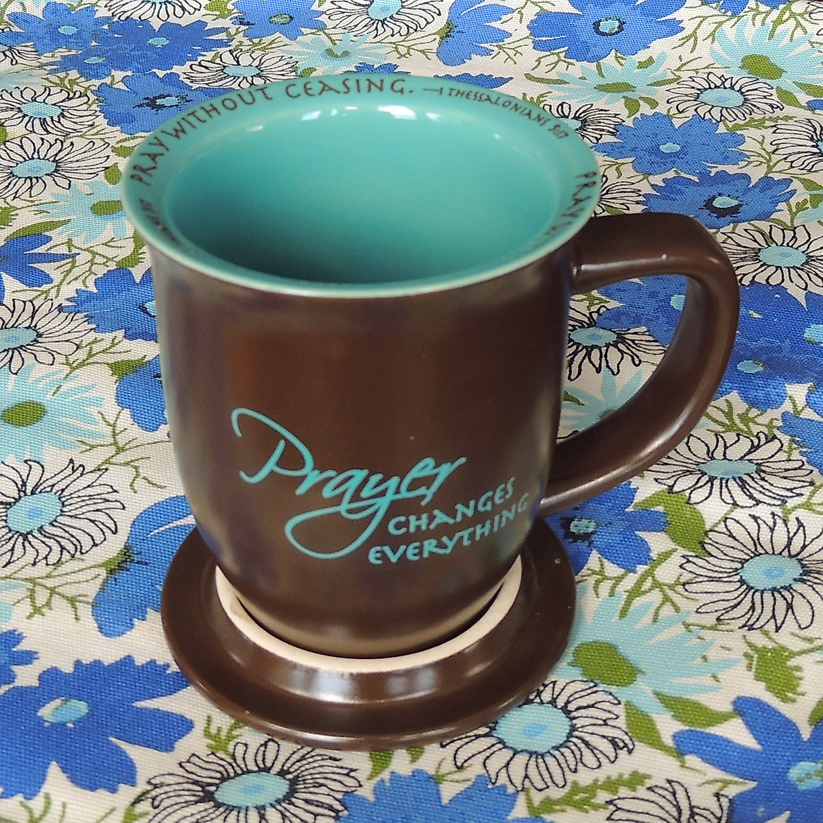 Abbey Gift Prayer Changes Everything Coaster Brown and Blue, 1 Count, Dishwasher Safe Mugs For Coffee and Tea, Includes Bible Verse, "4 x 4.38""" (52892),14 ounce