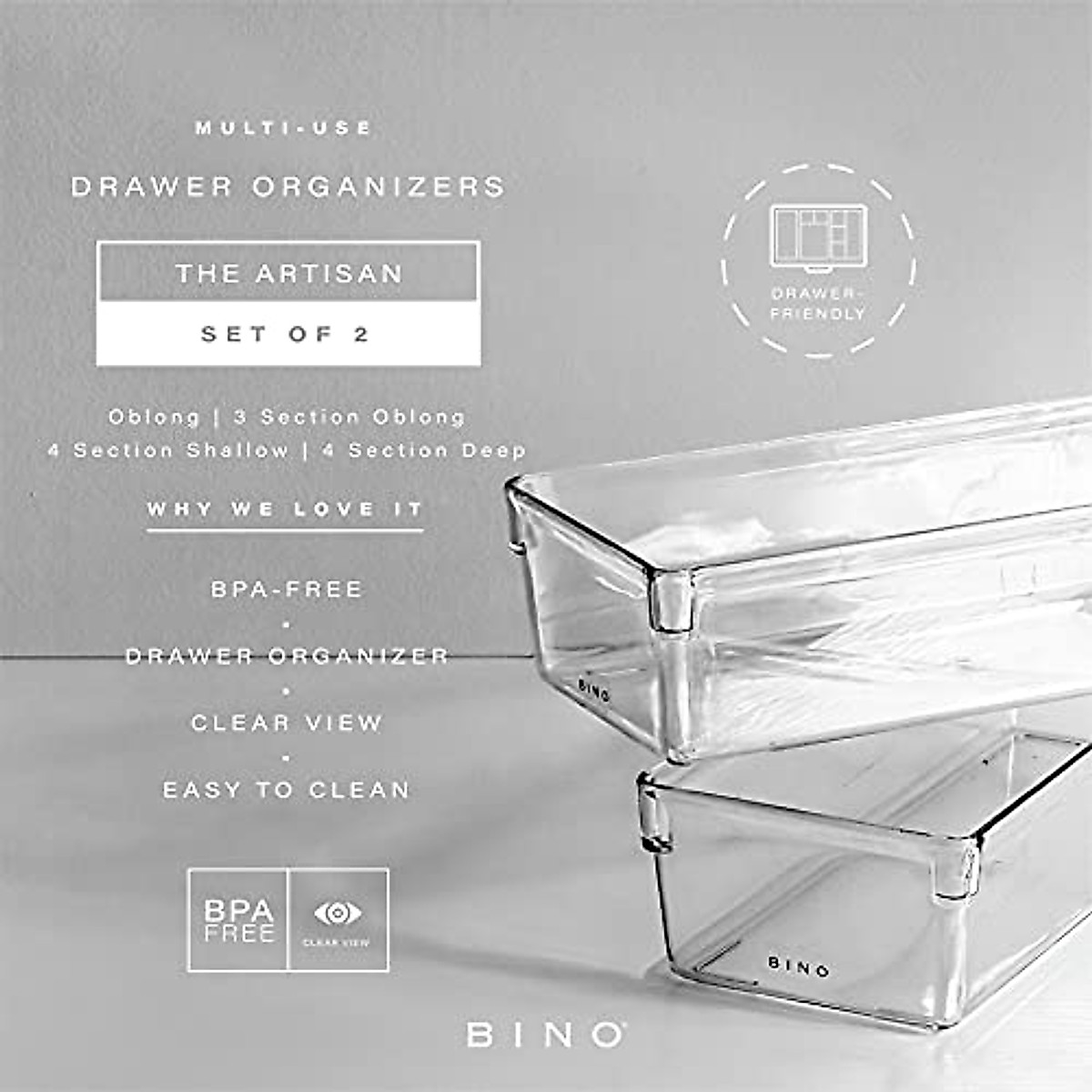 BINO | Oblong Plastic Drawer Organizer Bin, 2 Pack | THE ARTISAN | Multi-Purpose | Durable | BPA-Free | Desk Drawer Organizer | Vanity Organizer | Bathroom Drawer Organizer | Makeup Drawer Organizer