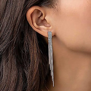 Sttiafay Vintage Rhinestone Dangle Earrings Silver Sleek Chain Drop Earrings Crystal Long Chain Tassel Earrings Sleek Metal Chain Earrings Jewelry for Women and Girls