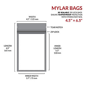 Mylar Bags with Ziplock 4.5" x 6.5" | 100 Bags | Sealable Heat Seal Bags for Candy and Food Packaging, Medications and Vitamins | Plastic and Aluminum Foil Packets for Liquid and Solids