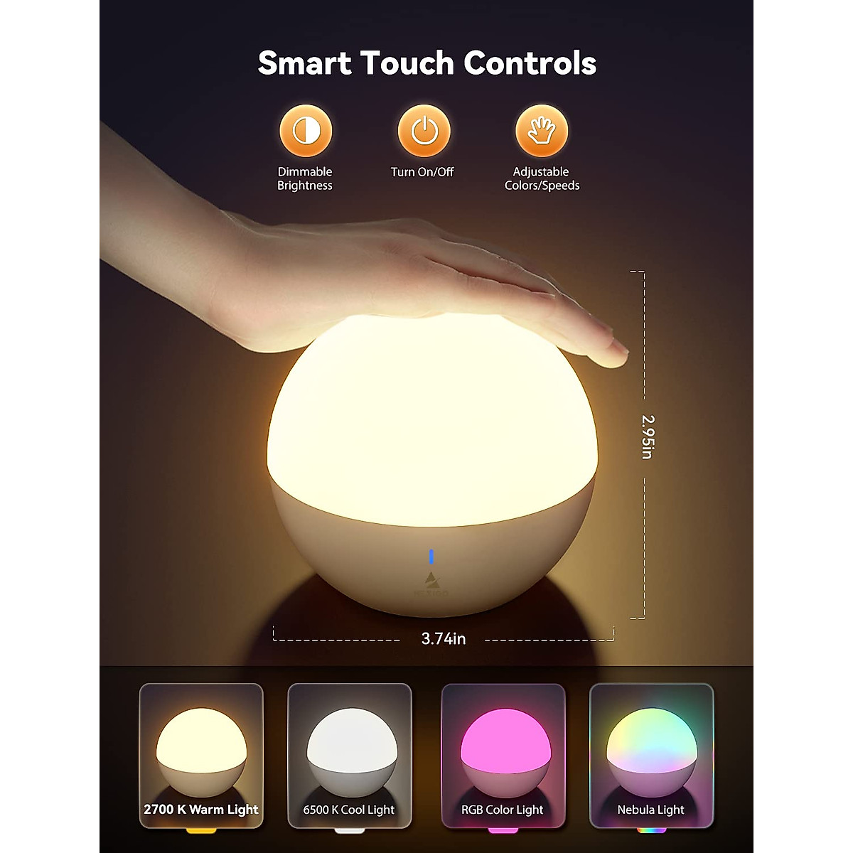 NexiGo Night Light, Portable One-Key Baby Bedside Lamp, RGB Changing Speed Adjustable & Dimmable, Rechargeable Touch Nursery Nightlight, for Kids Bedroom, Bathroom (Spherical)