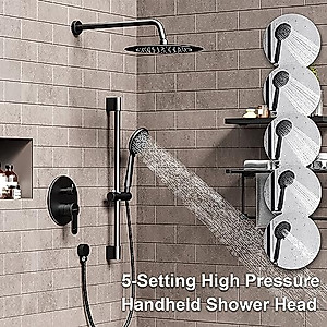 Gabrylly Shower System Black, Wall Mounted Slide Bar Shower Faucet Set Complete,High Pressure 10" Rain Shower Head with 5-Setting Handheld Shower,Shower Combo Set with Shower Valve