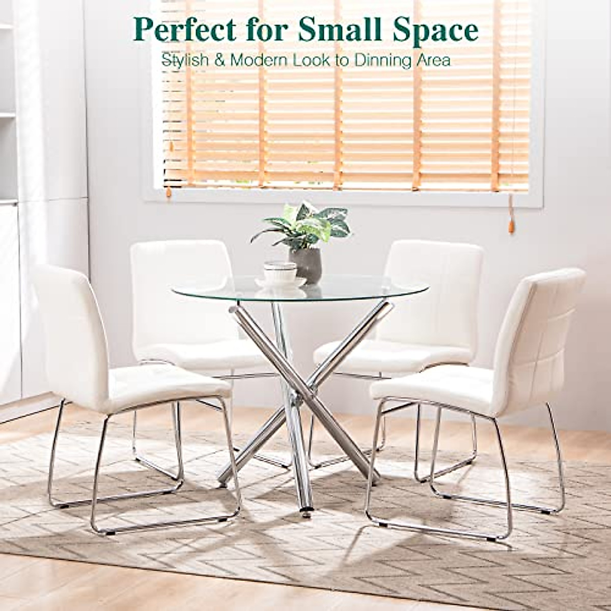 SICOTAS Round Dining Table Set for 4 - Glass Top Kitchen Table and Faux Leather Dining Chairs,Clear Circle Dining Room Table Set,Modern Breakfast Nook Table Set for Dining Room Kitchen Dinette, White