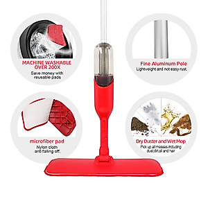 AKOMA Jet Dust Mop for Floor Cleaning with 2 Reusable Pads Lightweight Aluminum Pole Microfiber Spray Mops for Hardwood Tile Floors 360 Degree, 400ML Household, Red